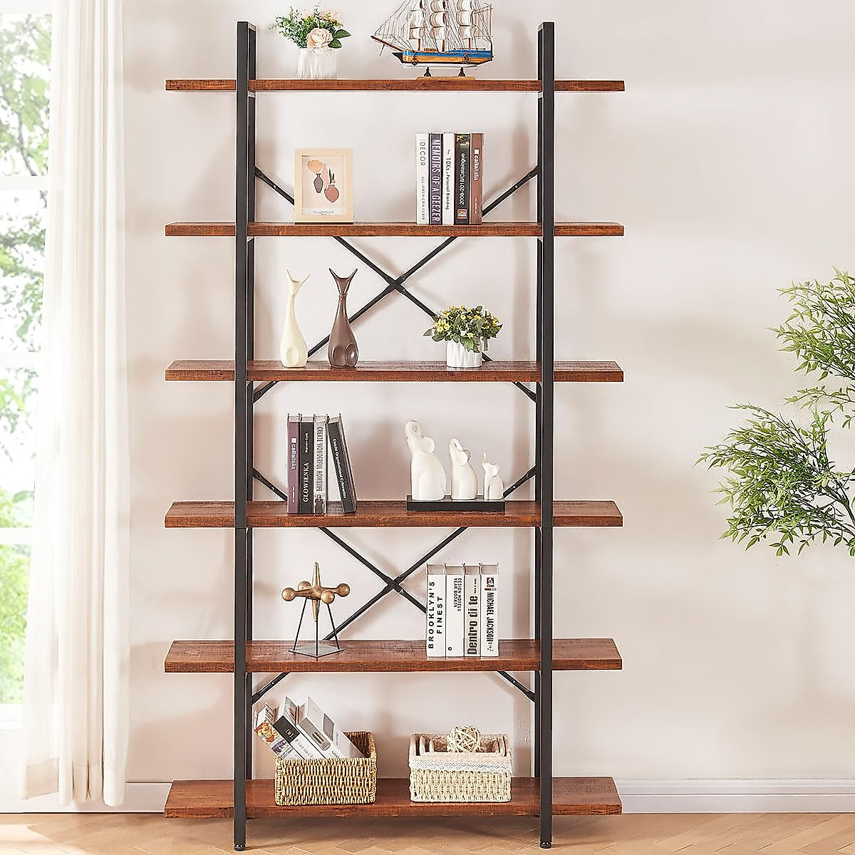 HSH Solid Wood Bookshelf, 6 Tier Tall Industrial Etagere Bookcase and Storage Shelves Heavy Duty, Rustic Large Open Vertical Metal Natural Real Wood Book Shelf for Bedroom Living Room Distressed Brown