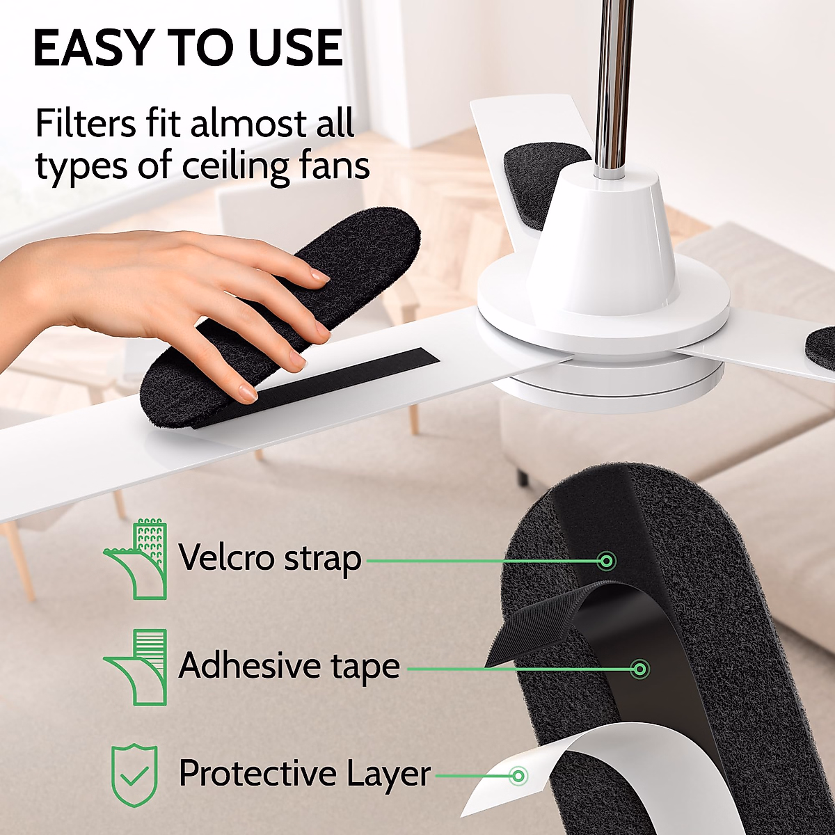 Veloxe Ceiling Fan Filters for Blades | 6-Pack Set Air Filters with Activated Charcoal | Odor Eliminator & Air Purifiers for Common Household Contaminants | Unscented Carbon Air Filters