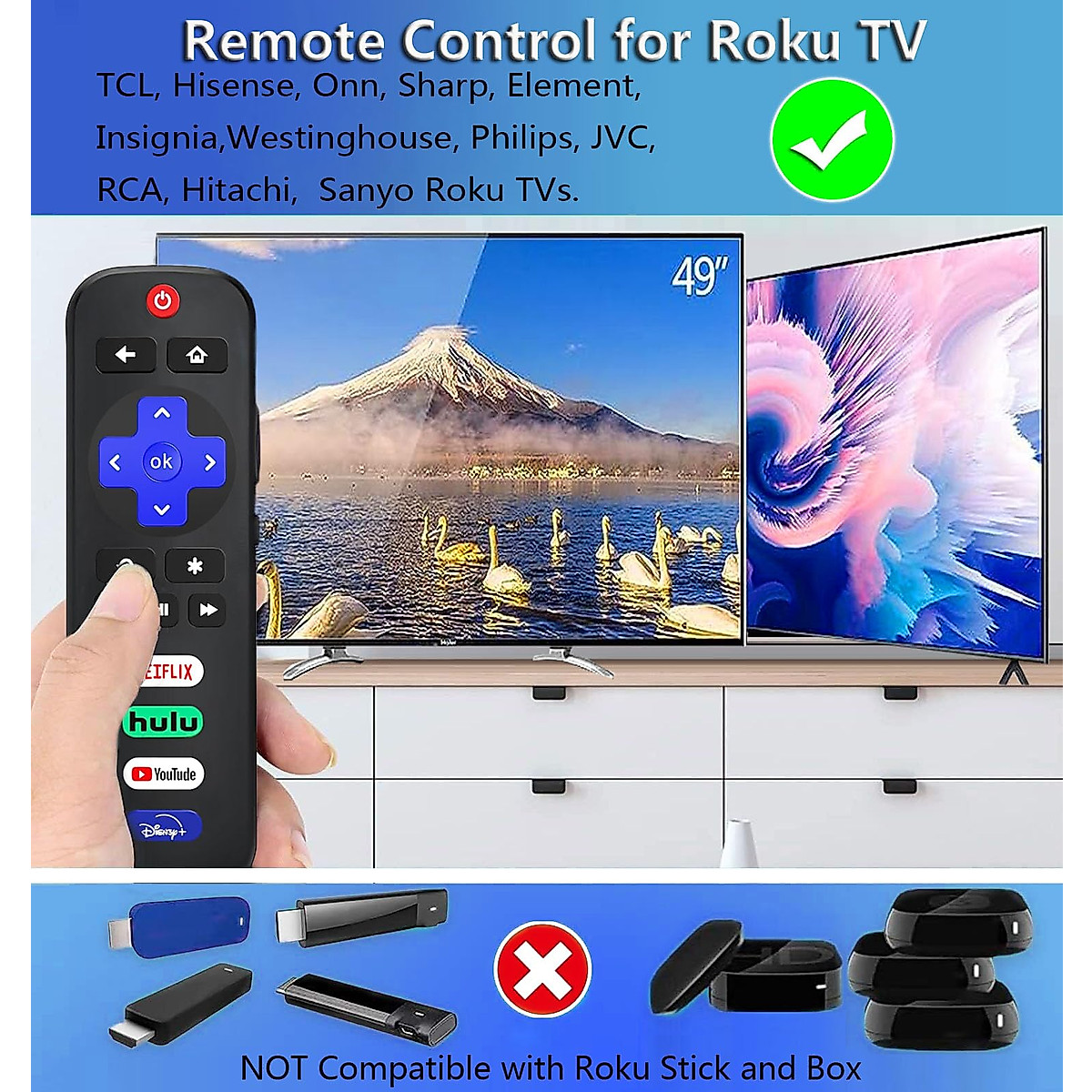 (Pack of 2) Universal Remote Replaced Control Only for Roku TV, MOBKAJUI Remote Compatible for TCL/Hisense/Onn/Sharp/Element/Westinghouse Roku Series TVs, (Not for Roku Stick and Box)