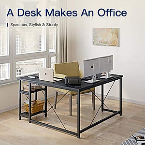 Coleshome 55" L Shaped Computer Desk with Storage Shelves, Gaming L Desk, Writing Workstation for Home Office, Space-Saving Corner Table, Easy to Assemble, Black