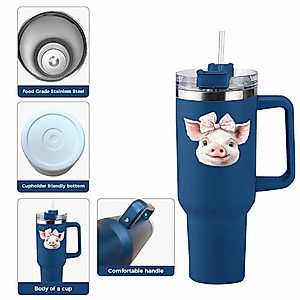 LB LEOBON 40 ounce insulated cup with handle, double-layer vacuum stainless steel material, equipped with straw, can keep warm or maintain cold drinks Pink Piggy Bow Deep purple