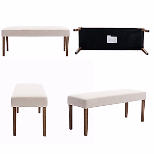 LIVINOVA Farmhouse Upholstered Dining Bench Seat, 45" Linen Entryway Bench with Natural Wood Legs, Mid Century Modern End of Bed Bench for Kitchen Bedroom Living Room Hallway, for 2-3 Person, Beige