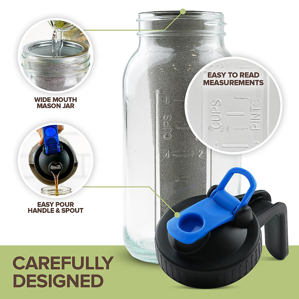 Modern Innovations Cold Brew Mason Jar (64 oz) Ice Coffee Making at Home, 2 Quart Cold Brew Maker for Iced Coffee and Tea, Cold Brew Glass Pitcher with Stainless Steel Filter, Cold Brew Coffee Maker