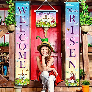 He is Risen Porch Sign-Religious Easter Supplies,3pcs Jesus Resurrection Easter Door Sign Banners,Happy Easter Front Door Welcome Hanging Banner for Spring Easter Decoration
