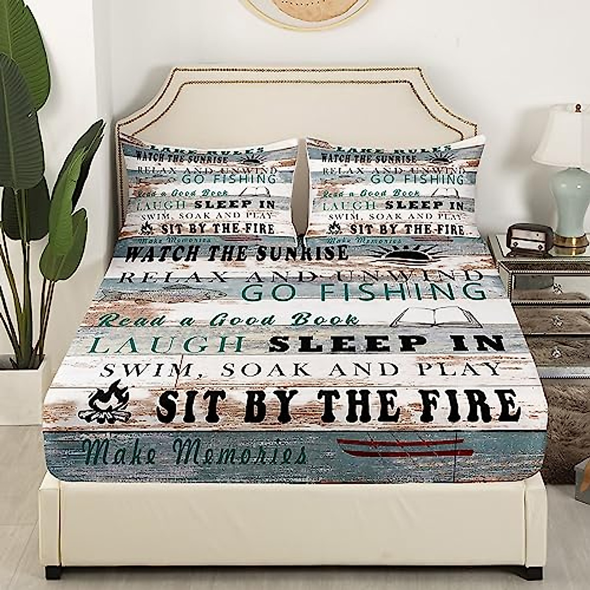 Erosebridal Lake Life Rv Fitted Sheet for Bedroom, Rustic Camper Bed Sheets Nautical Cabin Camp Bedding Set for Kids Teens Adult Men, Wooden Old Barn Sheets Lake House Decor for The Home, Twin