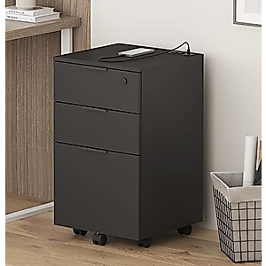 GOSROMS 3 Drawer File Cabinet with Lock & Charging Station, Wooden Move File Cabinet with Wheels, for Home Office, A4/Letter Size Files Under Desk - Black