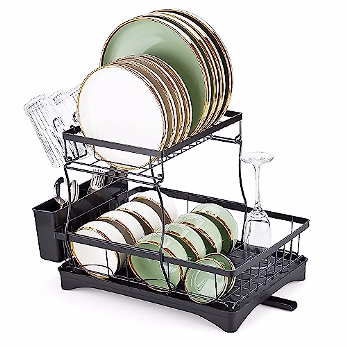 Dish Drying Rack, Dish Rack for Kitchen Counter, Over Sink Dish Drying Rack with Drain Board, 2-Tier Large Capacity Dish Drainer Organizer Shelf with Utensil Holder, Wine Glass Holder - Black