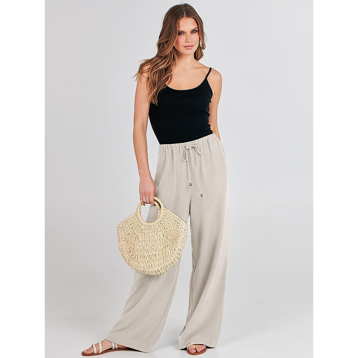 ANRABESS Women's Linen Summer Palazzo Pants Elastic Waist Casual Beach Trendy Wide Leg Trousers with Pockets Large Apricot