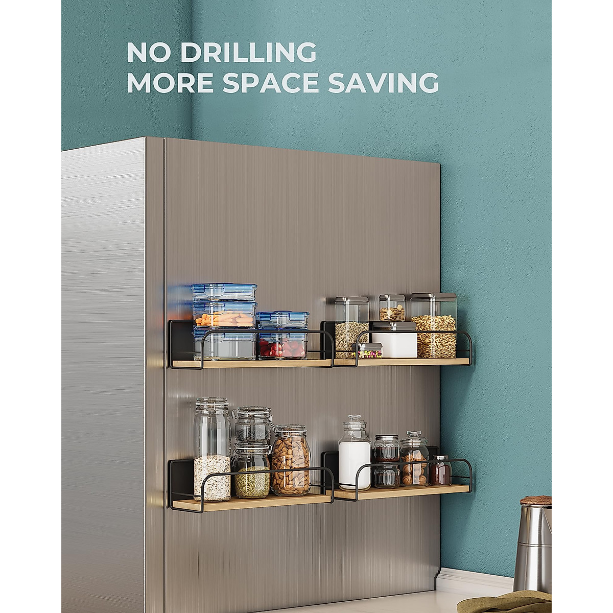 OROPY Magnetic Spice Racks for Refrigerator, Set of 4 Metal Kitchen Spice Organizer Shelf，Strong Magnetic Fridge Wood Holder