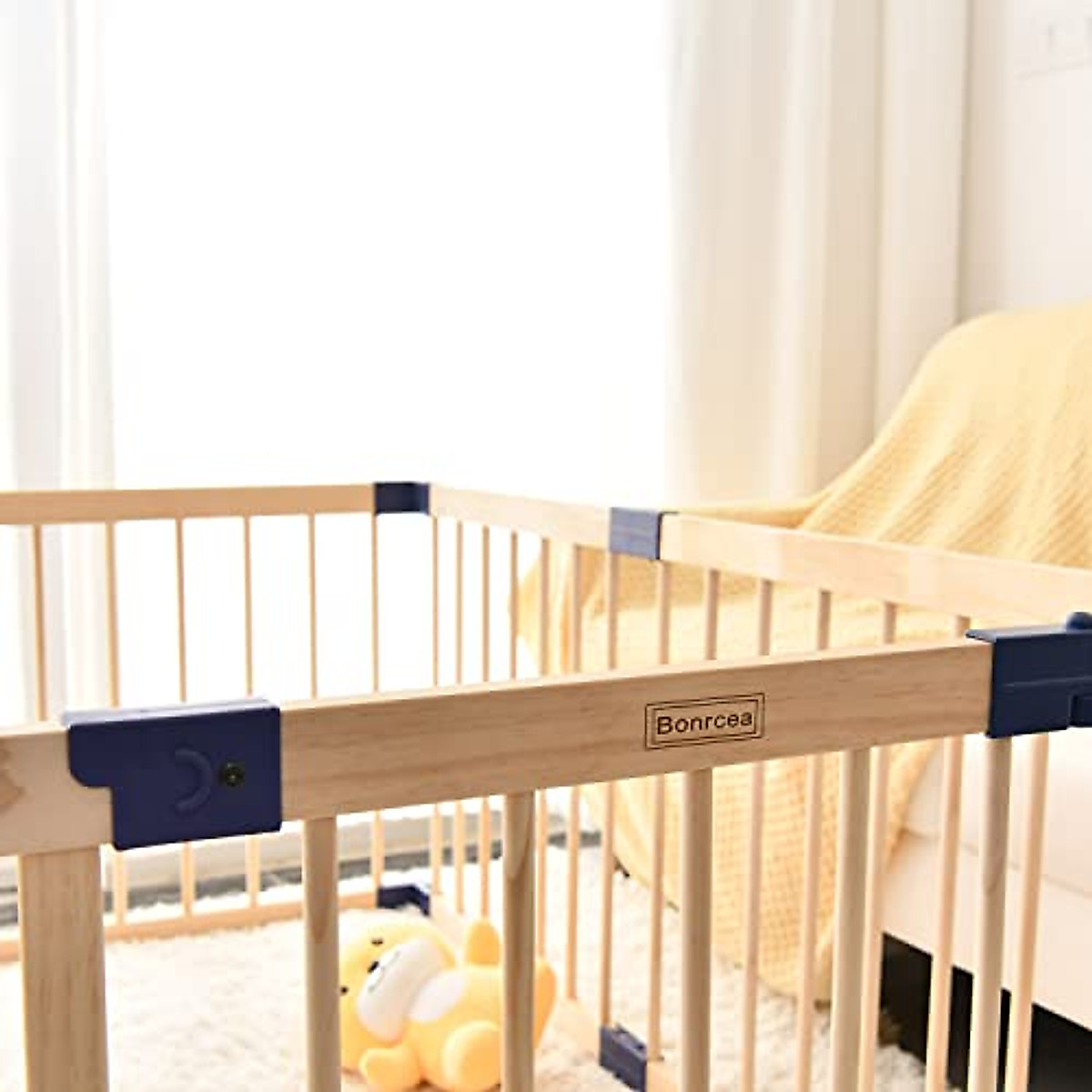 Largest Baby Gate Playpen, Kids Play Fence with Door, Play Area Indoor Kids,Safety Activity Center Playard w/Locking Gate Outdoor,Without Mat（Natural Wood,71”×79”）
