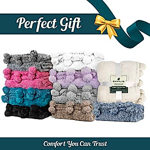 PAVILIA Cream Sherpa Throw Blanket for Couch, Pom Pom | Fluffy Plush Soft Blanket for Sofa Bed | Shaggy Warm Fuzzy Fleece Blanket | Cozy Decorative Beige Ivory Pompom Throw, 50x60