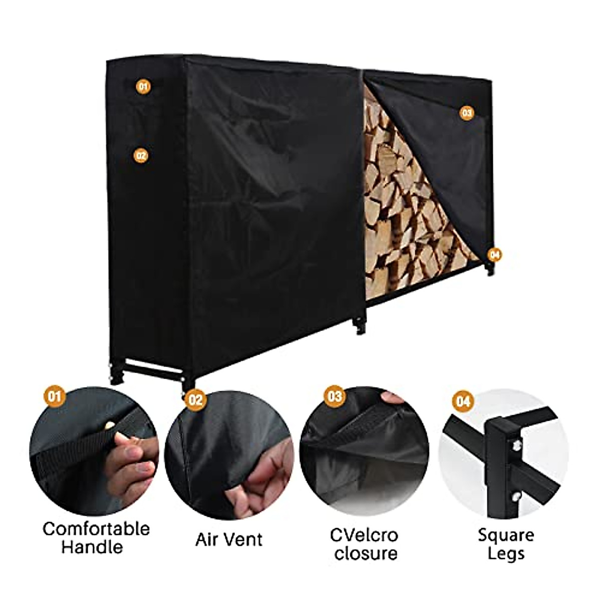 QualStorage 8Ft Firewood Rack Outdoor with Cover Heavy Duty Steel Tubular Wood Log Holder Wood Storage Stacker with Cover Combo Set(Square Base)