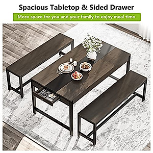 Tribesigns 63 Inch Large Dining Table Set for 4 to 6, Kitchen Breakfast Table with 2 Benches & Sided Drawer, 3-Piece Modern Industrial Bar Table Furniture for Dining Room, Gray Brown & Black