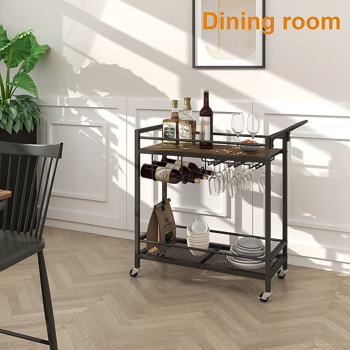 LAATOOREE Bar Cart, Two-Color Home Bar Serving Cart, Mobile Drink Beverage Cart with 2 Storage Shelves, Rolling Kitchen Cart with Wine and Glass Holder, for Dinning Room, Living Room, Kitchen