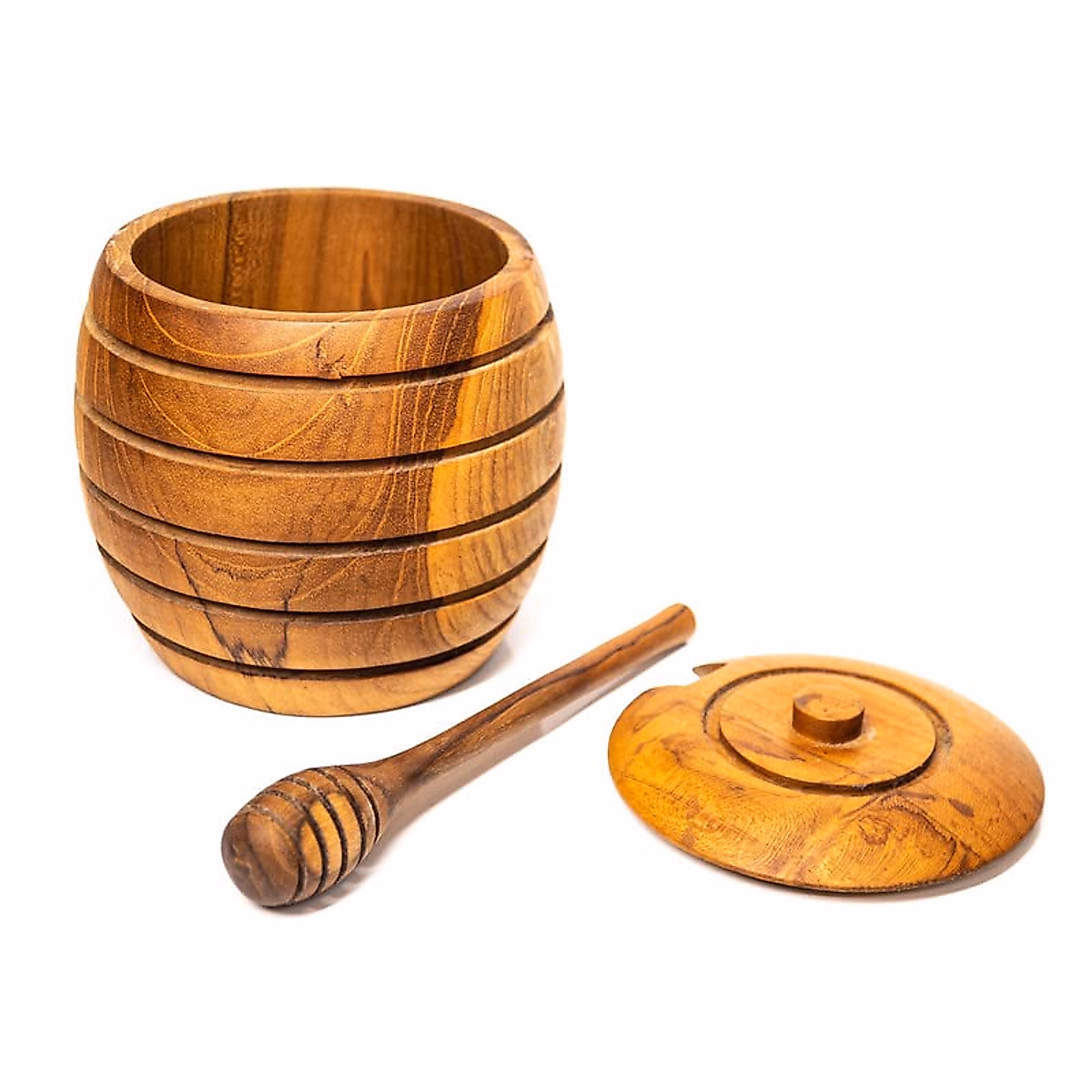 Rainforest Bowls Javanese Teak Wood Honey Jar w/Dipper Set- Ideal for Storing Honey, Jam & Syrups- Ultra-Durable- Premium Wooden Honey Jar Handcrafted by Indonesian Artisans