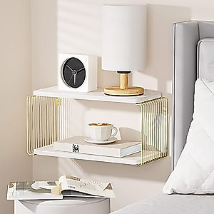 Filano Floating Nightstand White and Gold Wall Mounted Nightstand, Small Bedside Wall Shelves for Bedroom, Wood Floating Bed Side Table/Night Stand 2 Tiers Modern Decor