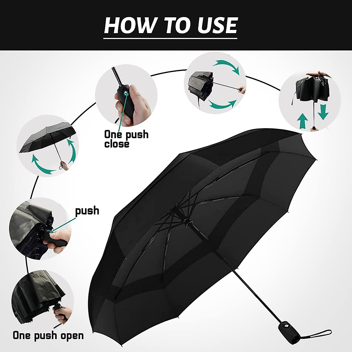 LLanxiry Umbrella Windproof Travel Umbrellas for Rain Black Folding Umbrellas 10 RIBS Automatic Strong Portable Wind Resistant Backpack Umbrella for Men and Women (Black)