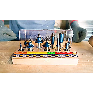 BOSCH RBS010 10-Piece 1/2 In. and 1/4 In. Shank Carbide-Tipped All-Purpose Professional Router Bits Assorted Set with Case for Applications in Straight, Trimming, Decorative Edging, Dovetail Joinery