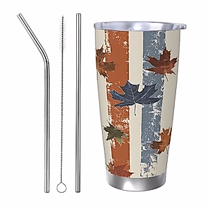 AYCZN Stripes Maple 20 OZ Tumbler Stainless Steel Travel Coffee Mug, Autumn Leaves Insulated Water Bottle with Lid and Straws Leakproof Thermal Cup