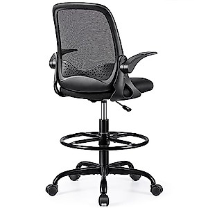 KERDOM Drafting Chair Tall Office Chair Ergonomic Computer Standing Desk Chair Swivel Work Chair with Flip-up Armrests and Adjustable Footrest Ring (933Z Black)