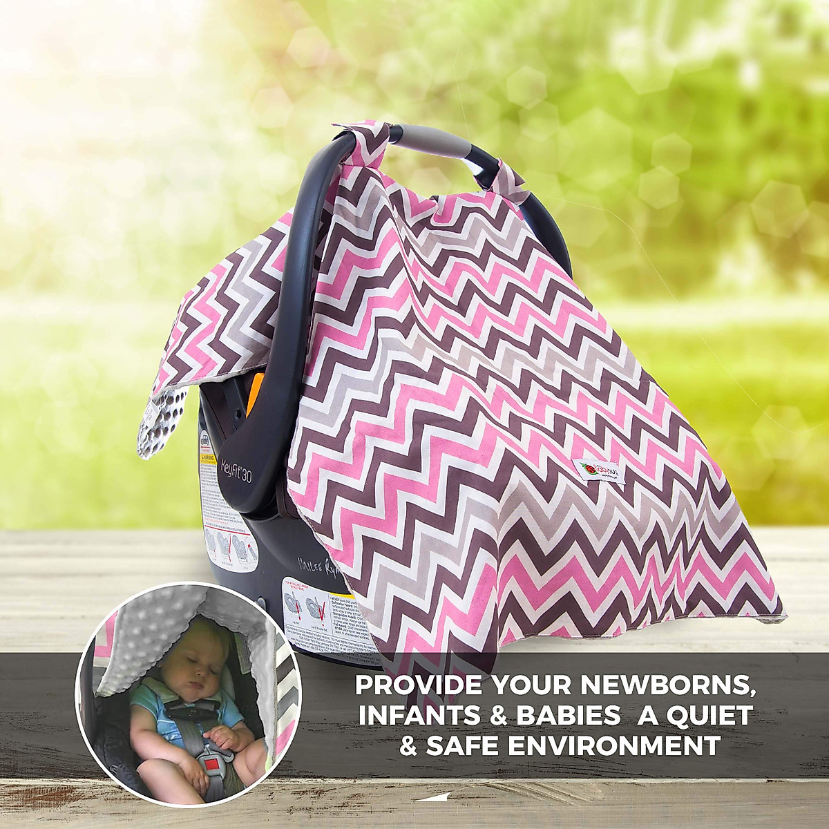 Baby Carseat Canopy Cover-Breathable Infant Car Seat Cover Helps Protect Babies-Our Baby Car Seat Covers Also Double as a Nursing Cover, High Chair Cover & Playmat-Pink & Gray Chevron with Gray Minky