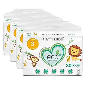 ATTITUDE Diapers, Safe for Sensitive Skin, Chlorine-Free, Leak-Free & Biodegradable Baby Diapers, Fragrance-Free, Size 3 (9-20 lbs), 120 Count (4 Packs of 30)