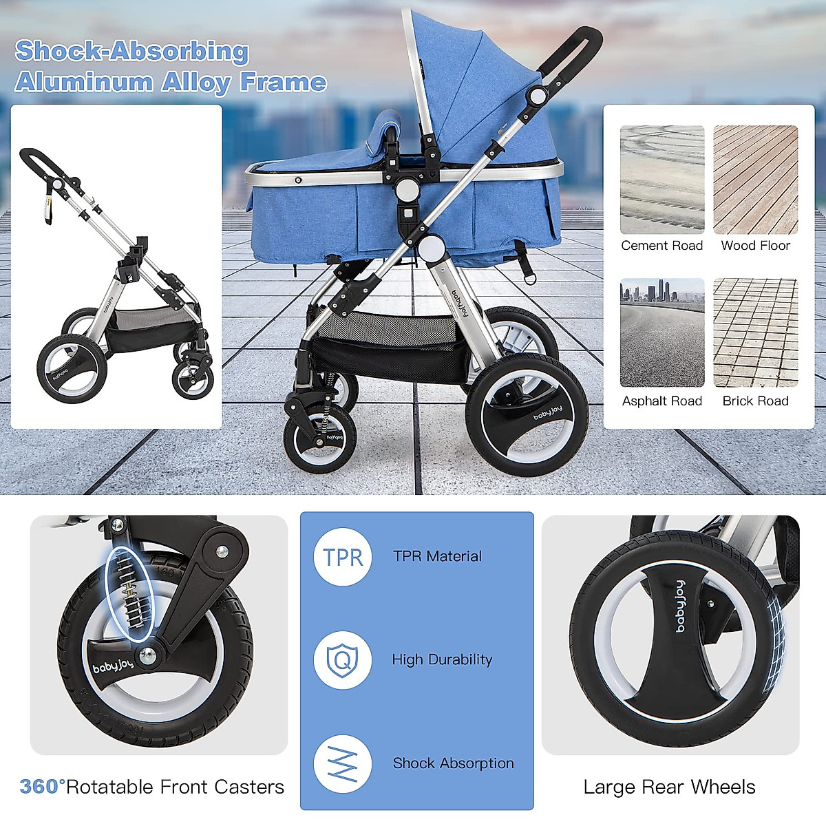 BABY JOY Baby Stroller, 2-in-1 Convertible Bassinet Reclining Stroller, Foldable Pram Carriage with 5-Point Harness, Including Cup Holder, Foot Cover, Diaper Bag, Aluminum Structure, Blue