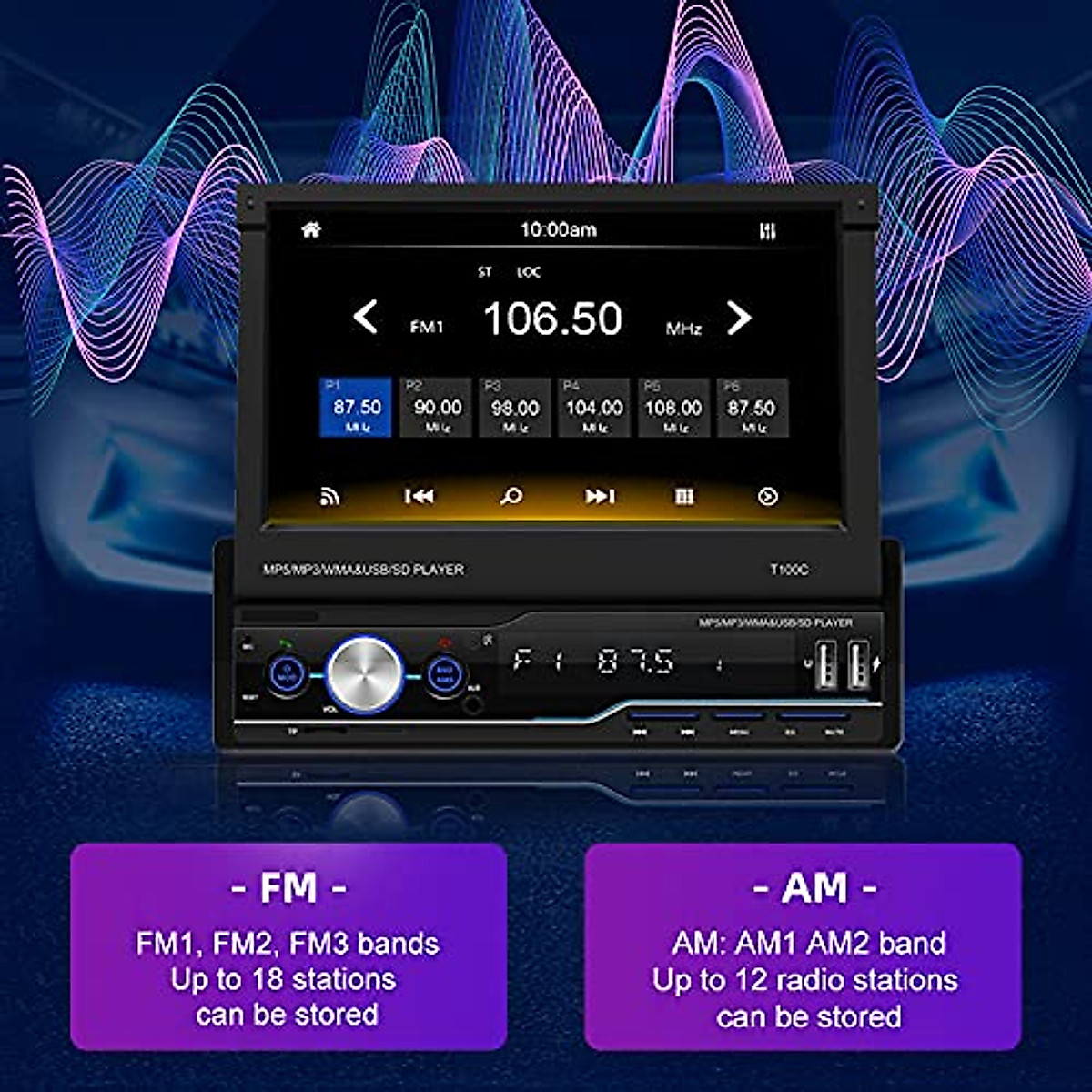 Single Din Apple Carplay,Car Stereo with Bluetooth 5.0,Flip Out Touchscreen Car Radio,Single Din Touch Screen Display Radio,FM Radio/Android Auto/Rear View Camera/