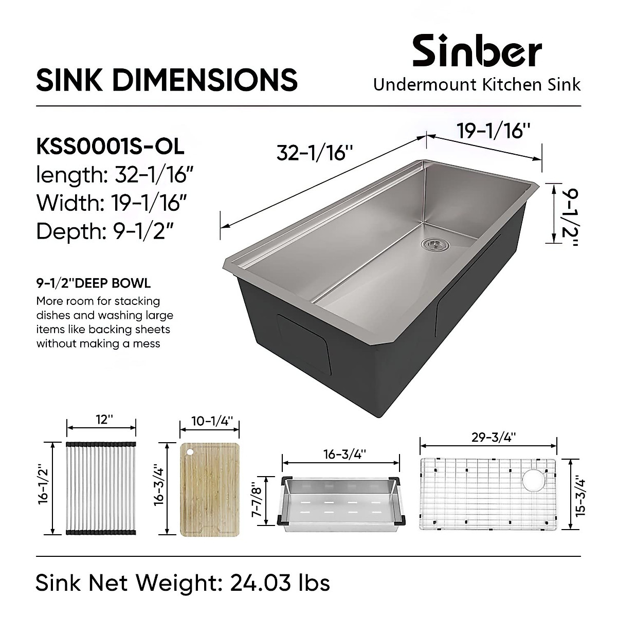 Sinber 32" x 19" x 10" Undermount Single Bowl Workstation Kitchen Sink with 16 Gauge 304 Stainless Steel Satin Finish 6 Accessories KSS0001S-OK