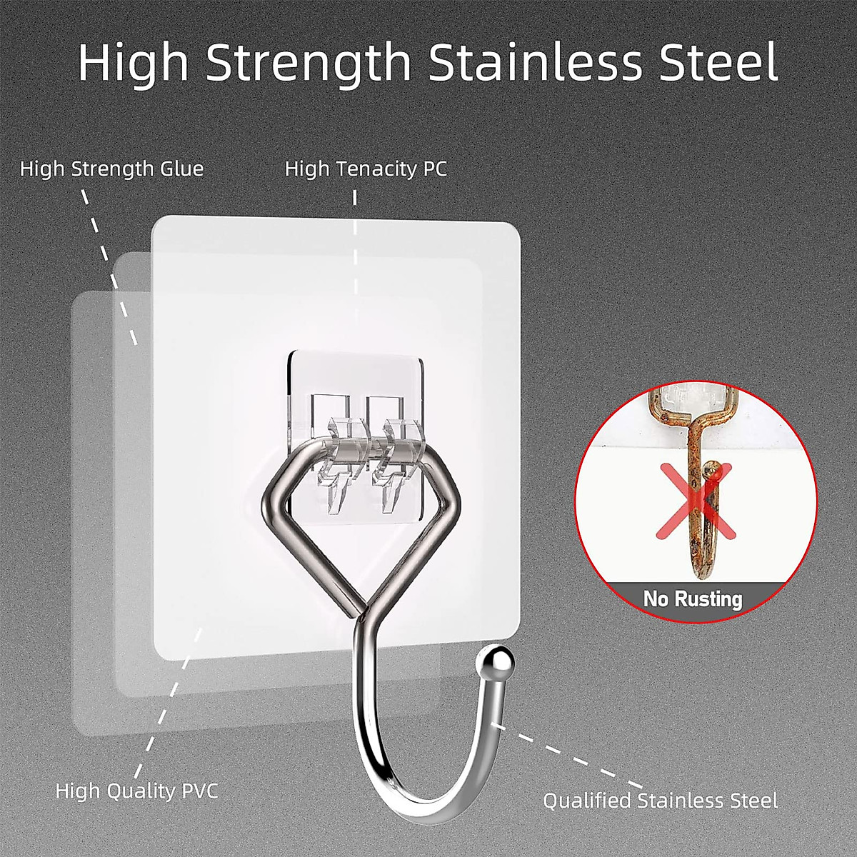 Homstan Large Adhesive Hooks 44Ib(Max), Wall Hooks Self-Adhesive Traceless Clear and Removable, Waterproof and Rustproof Hooks for Hanging for Home Bathroom Kitchen Office and Outdoor, 10-Pack