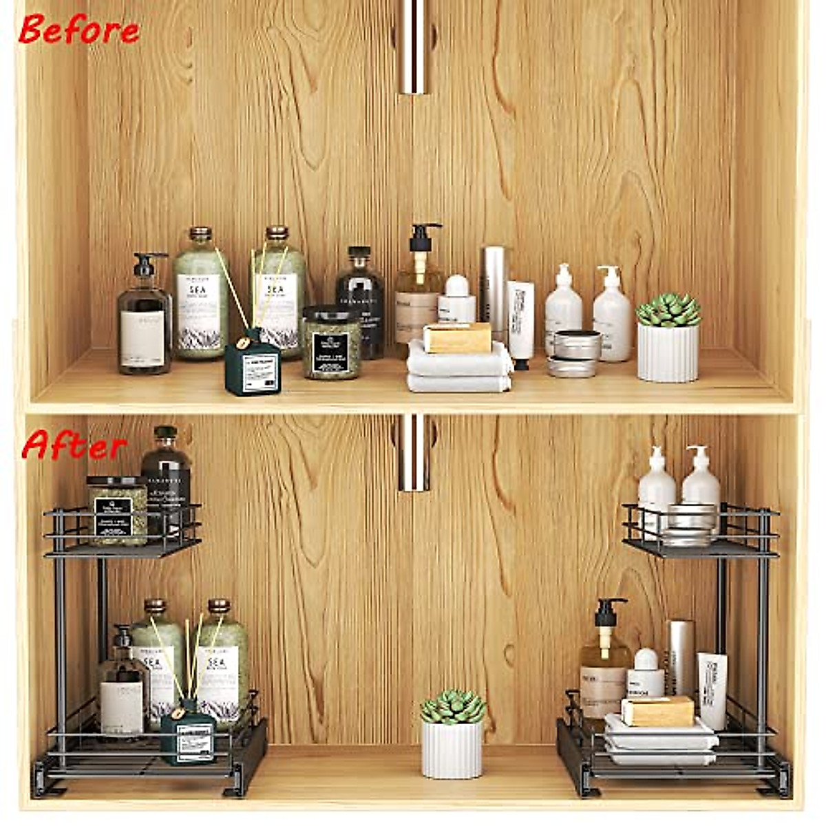 HOSUN Pull Out Under Sink Cabinet Organizer, 2 Tier Slide Wire Shelf Basket- 10.43W x 17.32D x 14.56H - Request at Least 12 inch Cabinet Opening, Perfect For Kitchen/vanity Under Sink Storage