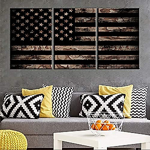 American Flag Wall Art Black and Brown Patriotic Decor Native America Picture for Living Room Military Canvas Artwork 3 Piece Prints Painting House Decor Giclee Framed Ready to Hang Gift(48''Wx 24''H)