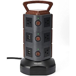 SUPERDANNY Surge Protector Power Strip Tower with 4 USB Ports, 6.5 Feet Extension Cord with 3120W 13A 10 AC Widely Multiple Outlets, UL Certificated, ETL Listed, Black Wood, 2022 Upgraded