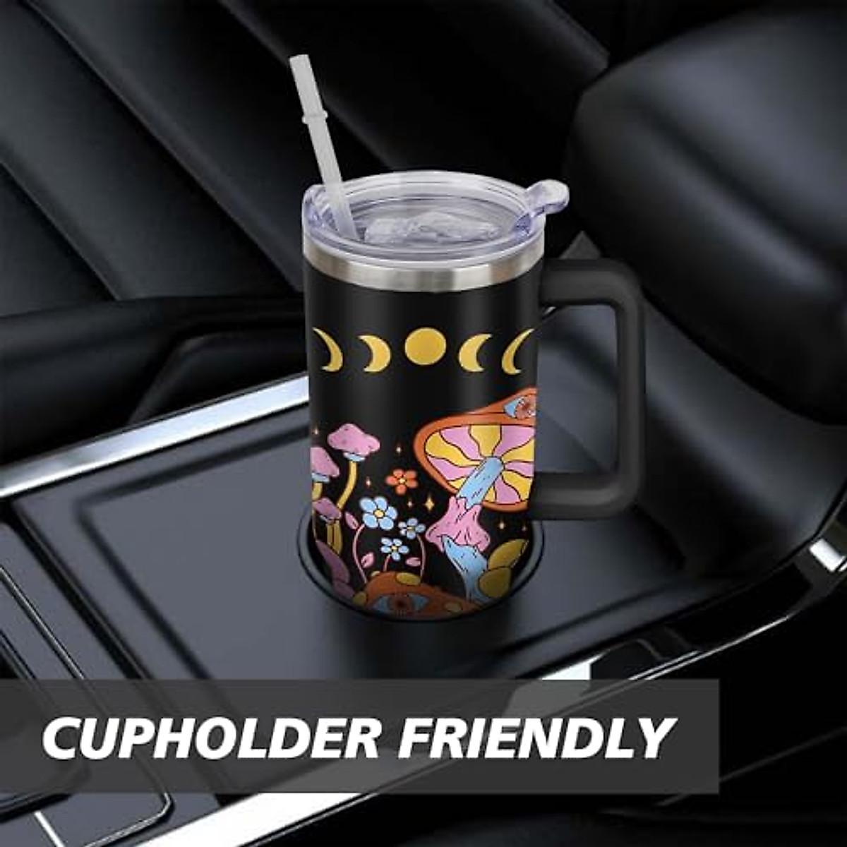 thmasamwr Mushroom Tumbler with Lid and Straw, Stainless Steel Mushroom 40oz Tumbler with Handle, Black Mushroom Travel Coffee Mug Mushroom Gifts Cups for Women and Men