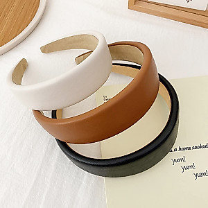 3 Pack Leather Headband for Women Wide PU Padded Headband Fashion Comfy Headbands Hairband for Women and Girls (No1(Black+Brown+Beige))