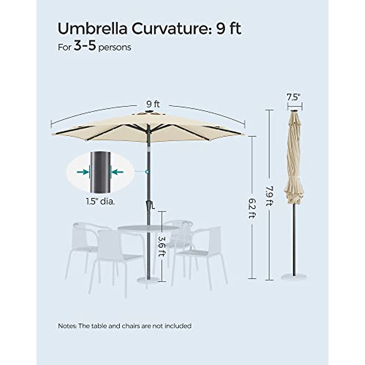 SONGMICS 9 ft Solar Patio Umbrella, 32 LED Lights, Lighted Table Outdoor Umbrella, UPF 50+, 30° Dual-Tilt System, for Garden Balcony Patio Backyard Market, Without Base, Beige UGPU11BE