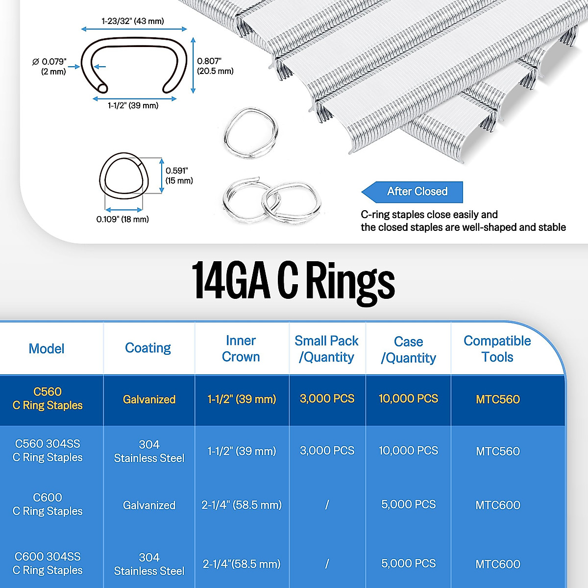 meite C560-14 Gauge 1-1/2-Inch Crown Galvanized C Rings Staples Compatible with MTC560 14GA Hog Ring Plier in Wire Fastening, Building Landscape Gabions (10,000 PCS)