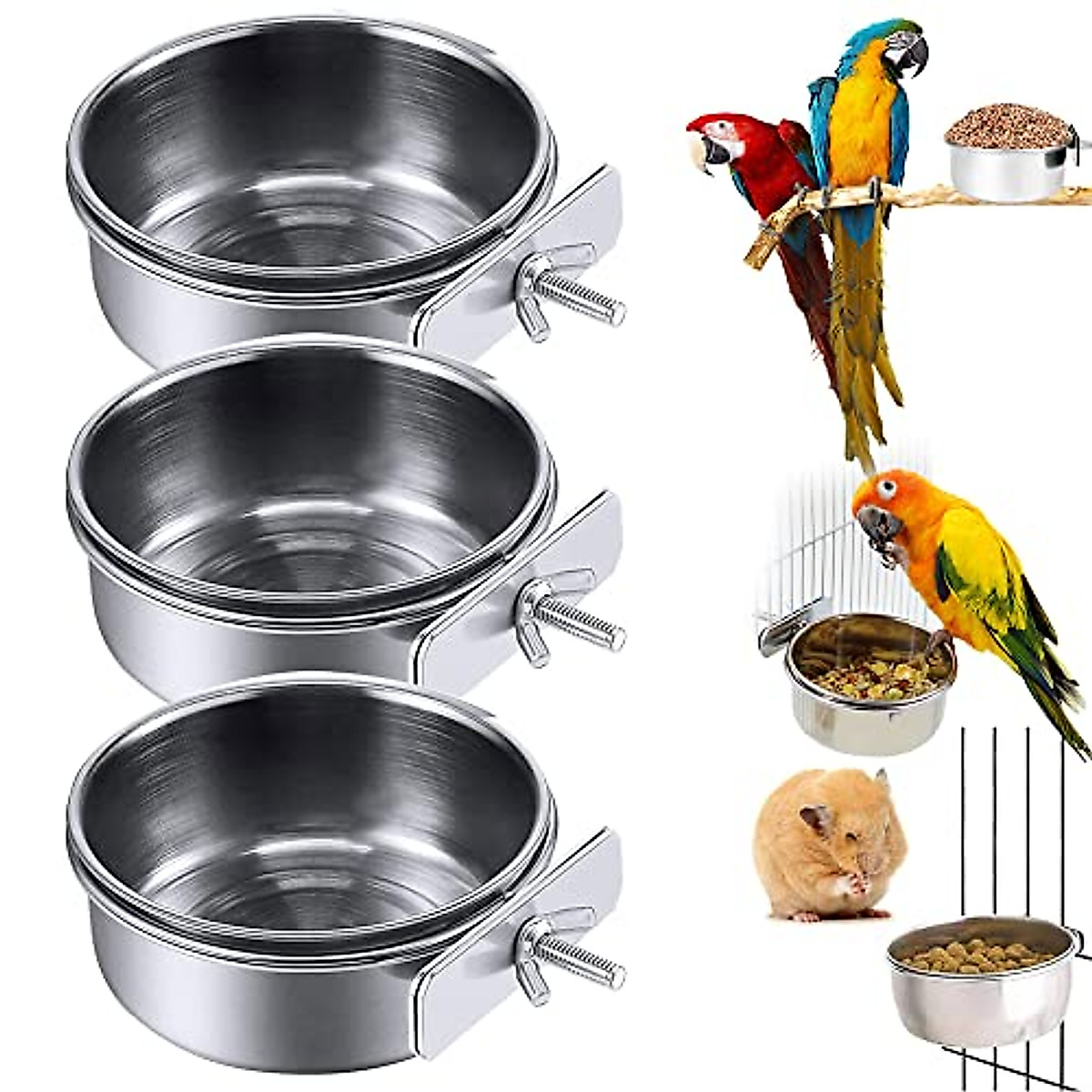 DYaprigo 3 Pack Stainless Steel Bird Feeding Dish Cups, Pet Cage Seed Feeder, Parrot Food Water Bowls with Clamp for Small Animal, Parrot Cockatiel Conure Budgies Parakeet, 3.9 Inch