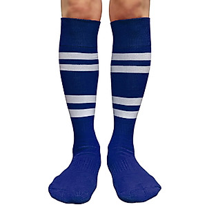 COUVER Unisex White Striped Knee High Softball/Sports Socks, Blue, Medium Size, 1 Pair