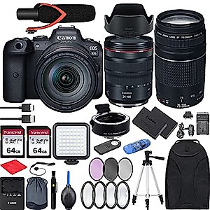 Canon EOS R6 with RF 24-105mm f4 is USM Lens Mirrorless Camera Bundle + EF 75-300 is III, EF-EOS R6 Mount Adapter, V30 Microphone, LED Light, Extra Battery and Accessories(Backpack and More), Black