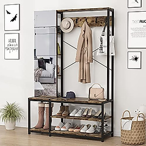 PAKASEPT Hall Tree with Mirror, Freestanding Closet Organizer, Garment Rack with Mirror, Heavy Duty Garment Rack Hanging Clothing Wardrobe Storage Closet for Bedroom