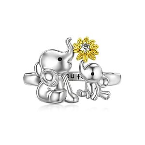 Women Elephant Ring Mother and Child Animal with Sunflowers Ring for Mom Statement Ring (A, 5)