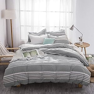 Merryfeel Cotton Duvet Cover Set,100% Cotton Seersucker Stripe Duvet Cover Set, Yarn Dyed Bedding Set,3 Pieces - Full/Queen - Grey