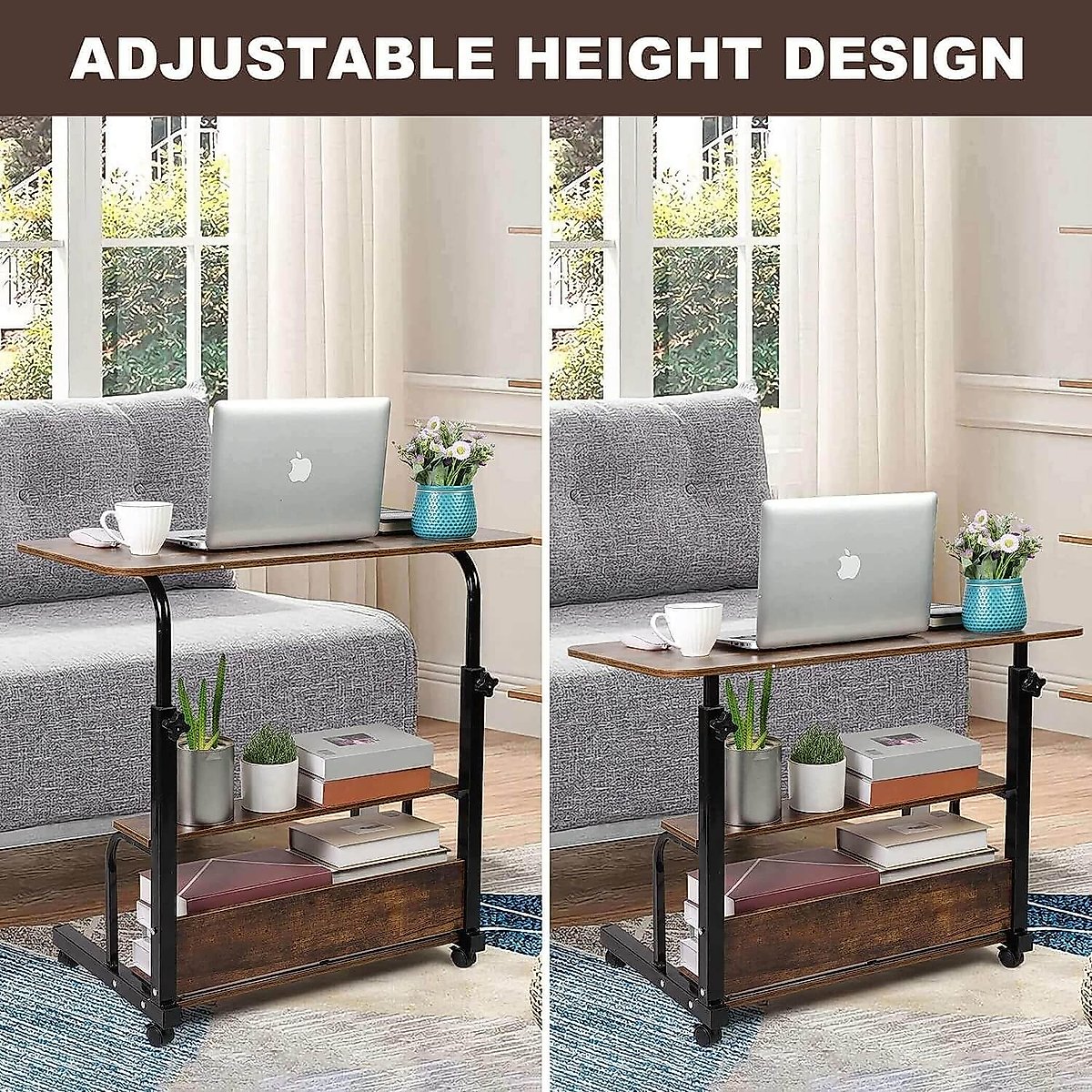 Fuwobriva Adjustable Home Office Computer Desk Writing Desk with Storage Shelves Simple Style Workstation for Home Office Small Spaces Storage Table with Wheels Mobile Convenient Brownish, XY-1