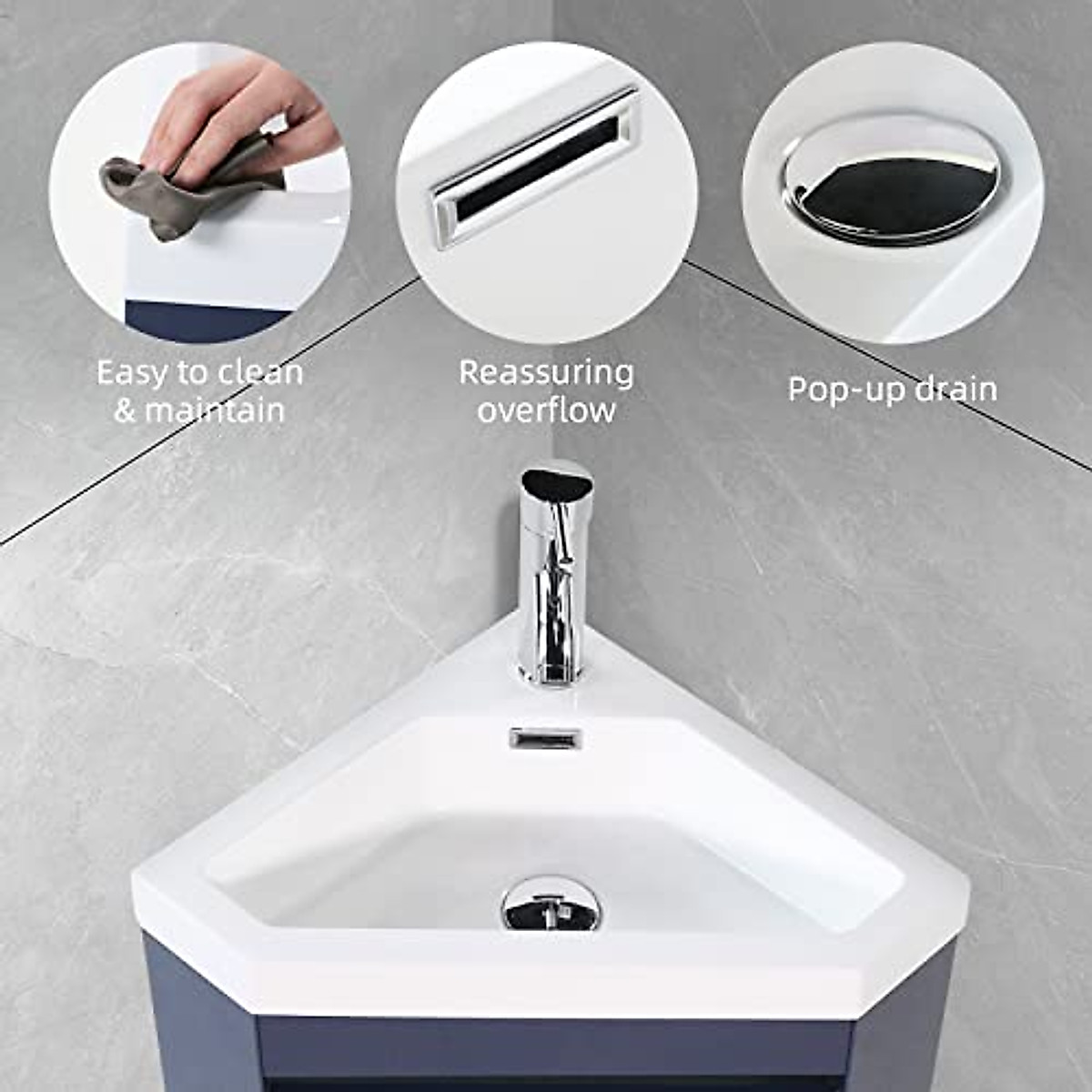 walsport 16" Corner Bathroom Vanity Floating Single Sink Combo for Small Space Wall Mounted Cabinet Set Design Resin Basin Sink Top Chrome Faucet and Drain,Blue