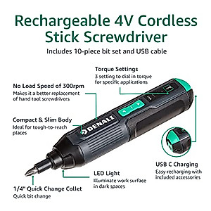 Amazon Brand - Denali by SKIL 4V Cordless Stick Screwdriver with 10-Piece Bit Set and USB Cable