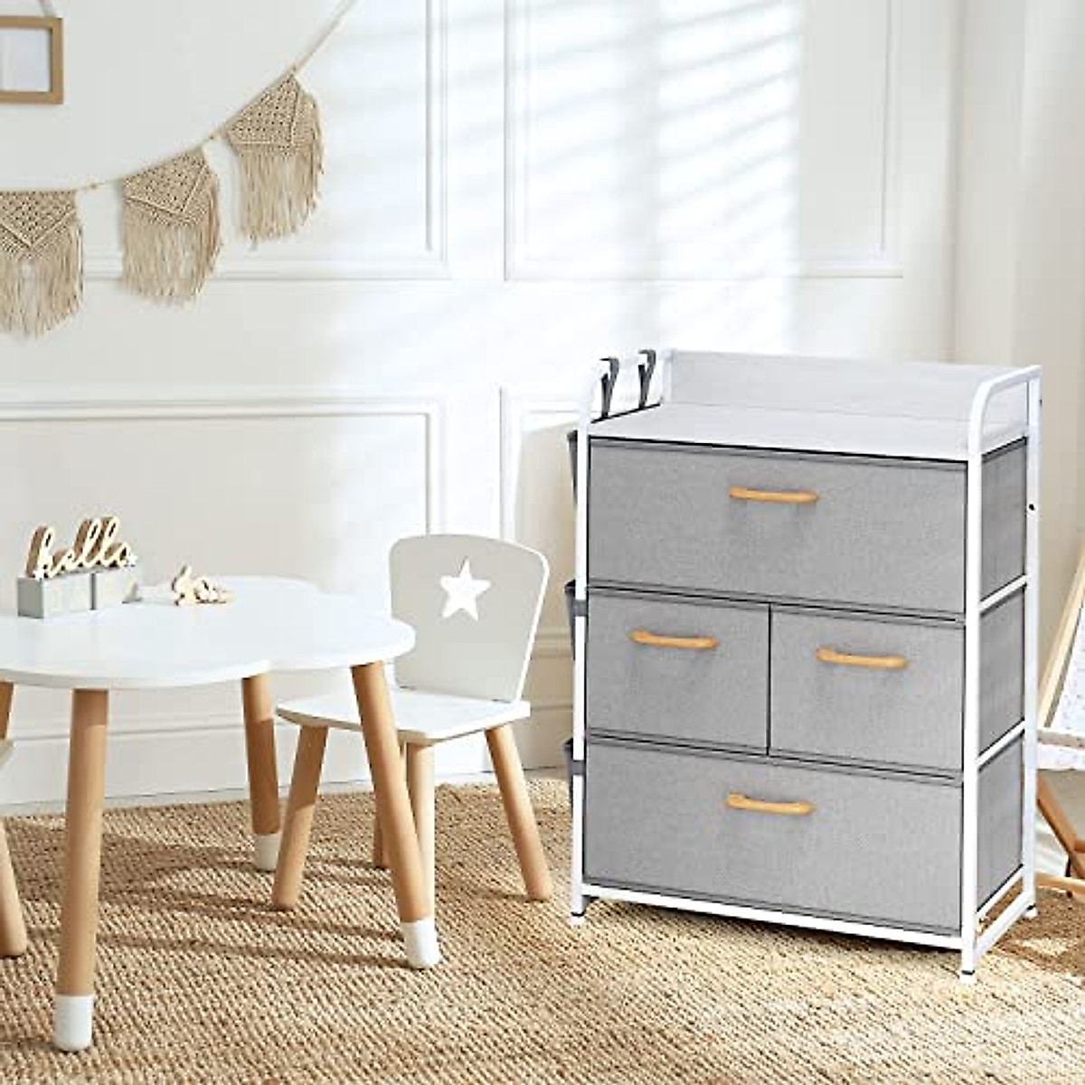 Nestl Fabric Dresser Organizer, 4 Drawer Dresser, Storage Dresser for Closet Storage - Small Dresser for Bedroom, Nursery, & Closet with Shoe Rack, Easy to Pull Wood Handles & Textured Wood Top - Gray