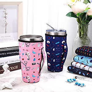 6 Pcs Nurses Appreciation Gifts Reusable Iced Coffee Cup Sleeve Neoprene Insulated Sleeves Tumbler Cup Drinks Sleeve Holder with Handle for Nurse Birthday Graduation Birthday 30 oz Cold Hot Beverages