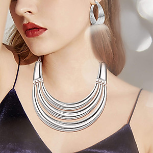 JOERICA Bib Choker Necklace Silver Jewelry Set Wide Cuff Bangle Bracelet Open Hoop Earrings Adjustable Ring Chunky Silver Statement Costume Jewelry Set for Women