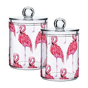 SDMKA 2 Pack Apothecary Jars Bathroom Pink Flamingo Qtip Holder Storage Canister Clear Plastic Jar with Lid for Cotton Ball, Cotton Swab